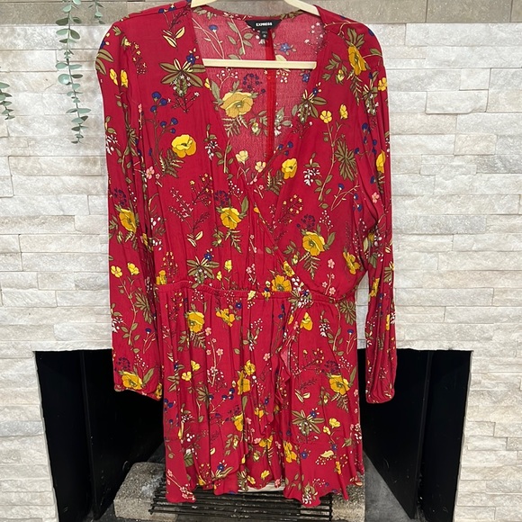 Express | Dresses | Red Floral Express Wrap Mini Dress | Poshmark